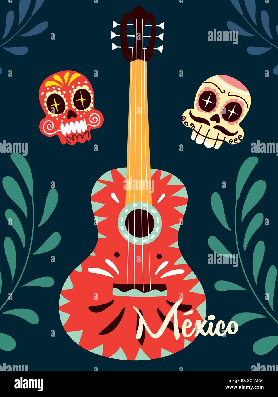 mexico label with mexican guitar, musical instrument vector ...