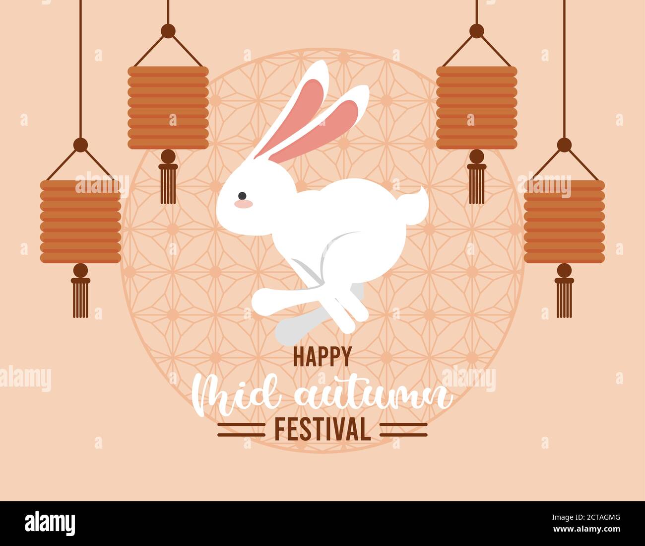 happy mid autumn lettering card with rabbit and lanterns hanging vector ...