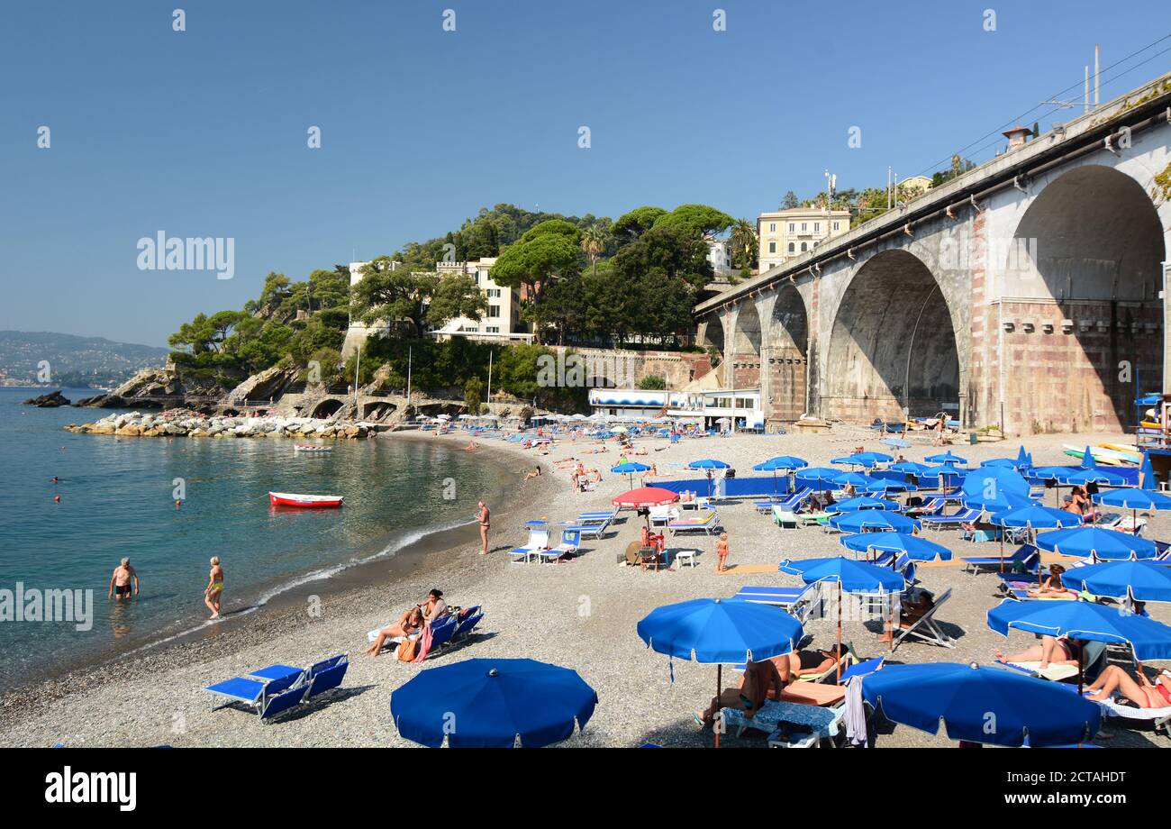 The main beach and the railway viaduct. Zoagli. Tigullio. Liguria ...