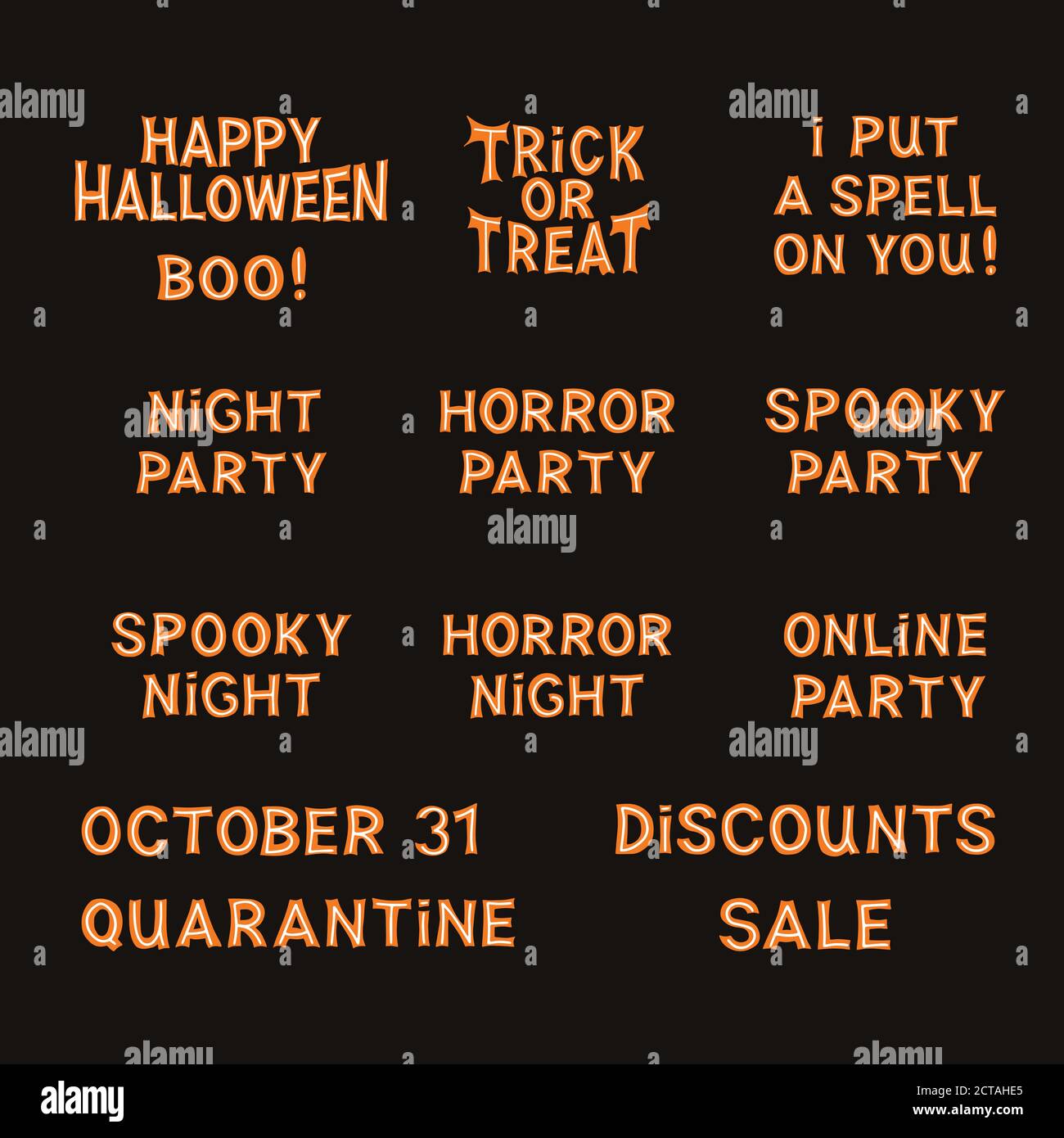 Set of halloween party quotes. Orange lettering with white lines on a ...