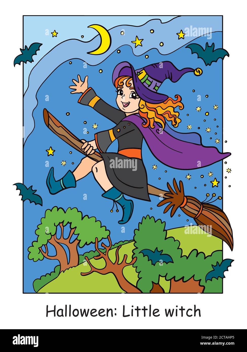 Colorful Halloween cute little witch flying on broom Stock Vector Image ...