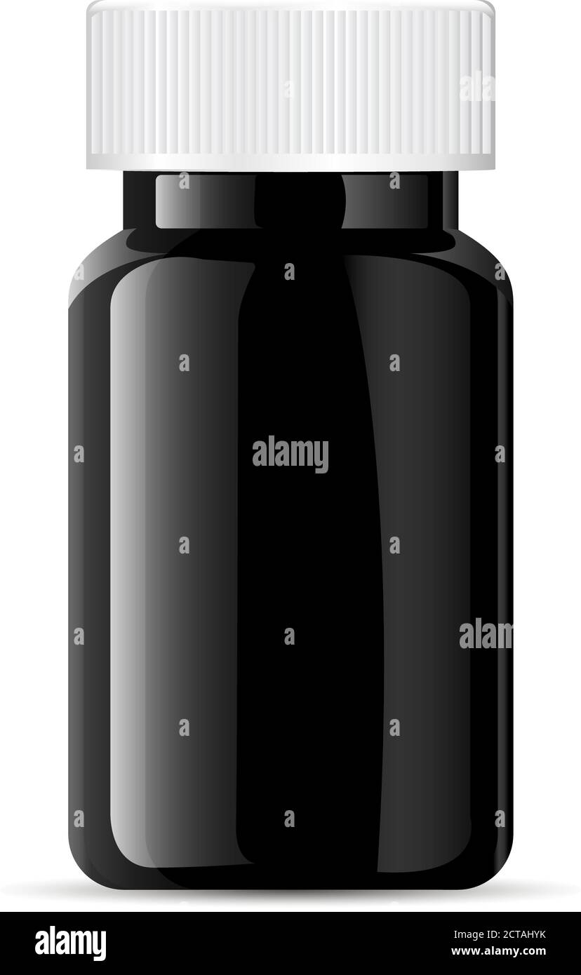 Pills bottle. Black medical glass or glossy plastic container for drugs ...