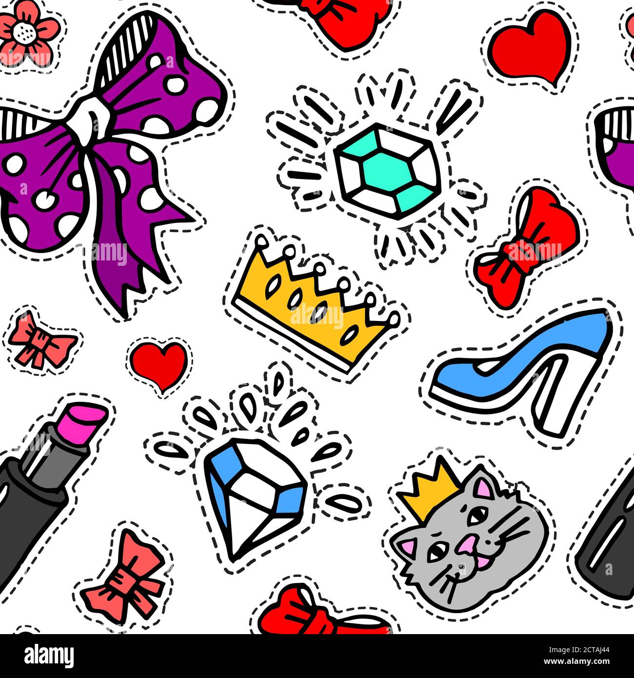 Girly feminine print, crown and ribbon stickers seamless pattern Stock ...