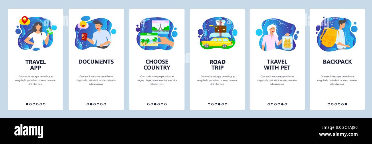 Trip planning. Travel mobile app onboarding screens, vector website ...