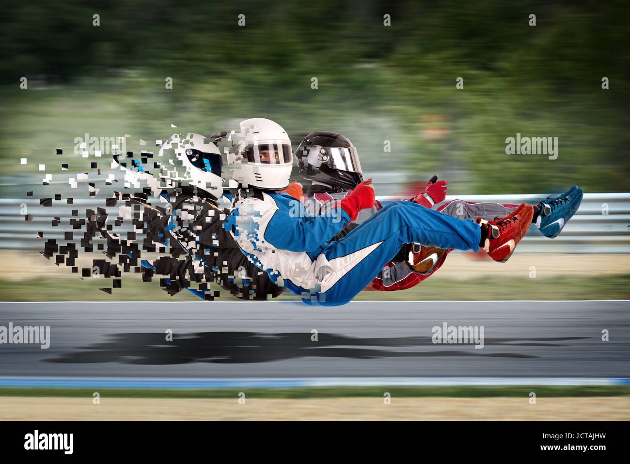 Concept image of racing drivers in racing position with complete gear ...