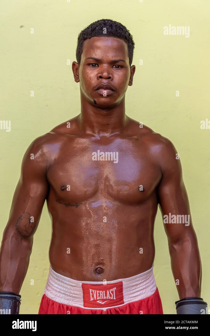 September 4, 2019: Isolated portrait of cuban boxer sweaty and wearing ...