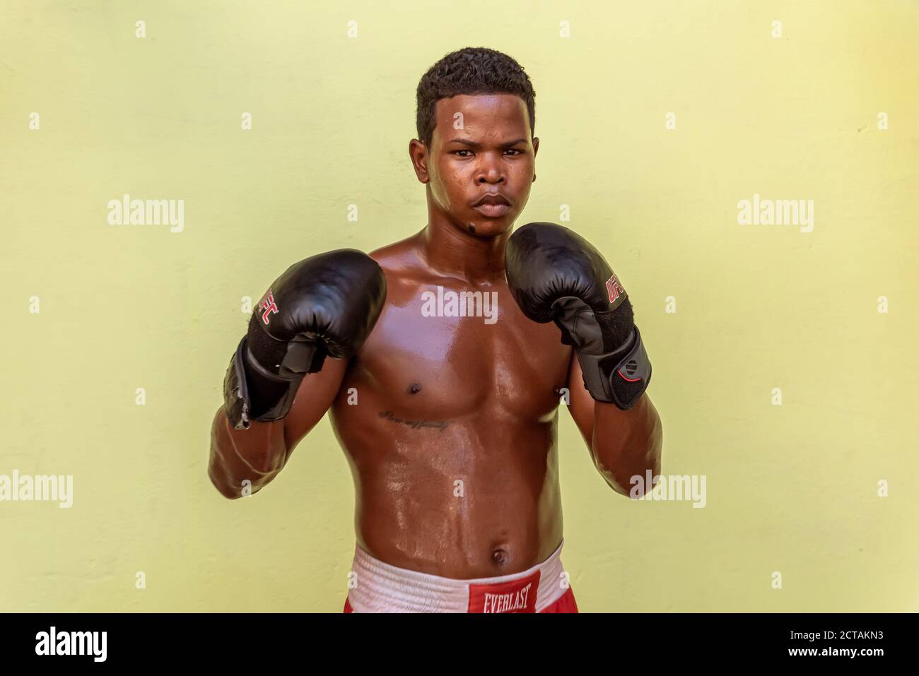 September 4, 2019: Isolated portrait of cuban boxer sweaty and wearing ...
