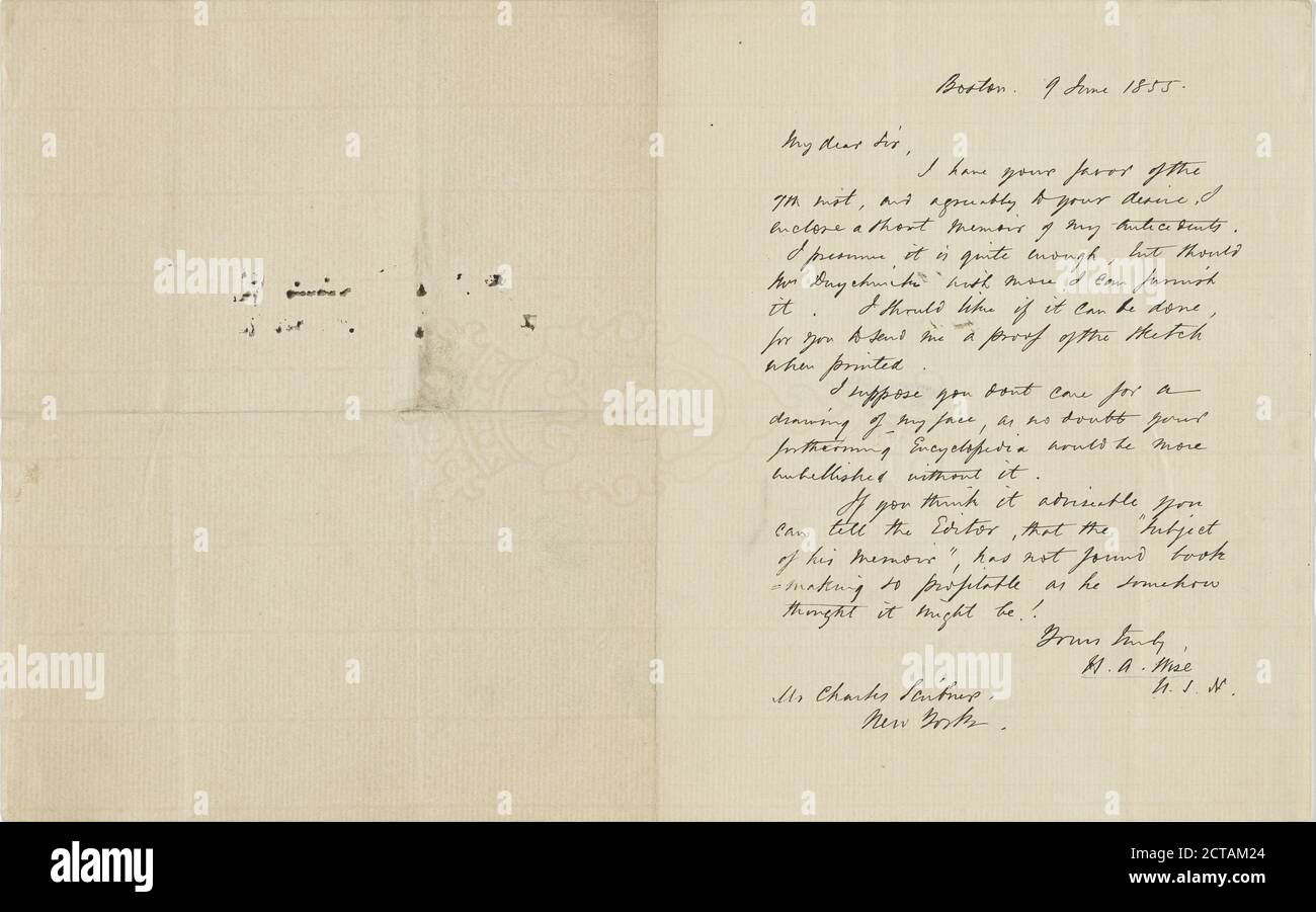 Wise, Henry Augustus (1819-1869), text, Correspondence, 1855, Wise, H ...