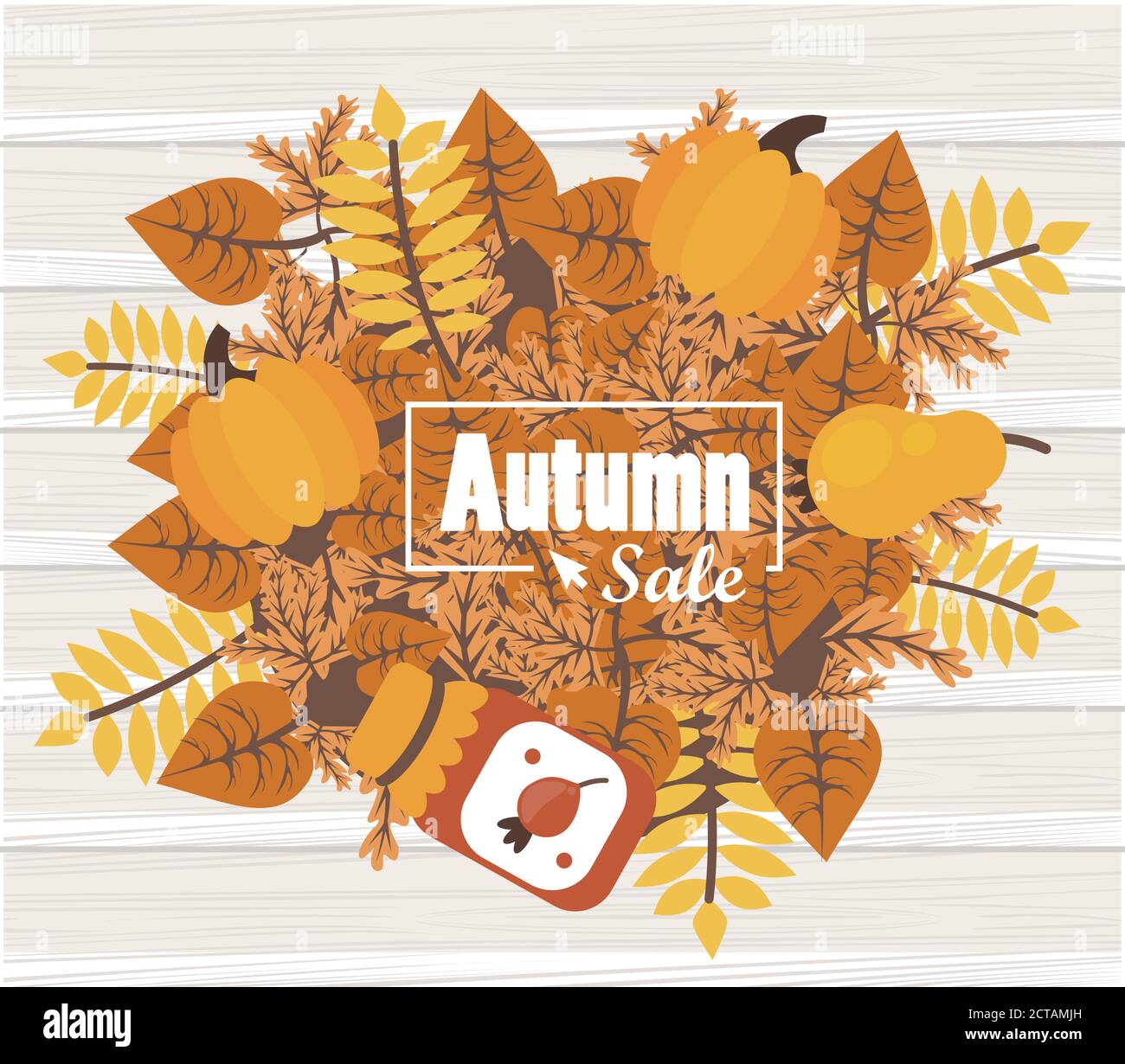 autumn sale season poster with spices and leafs in wooden background ...