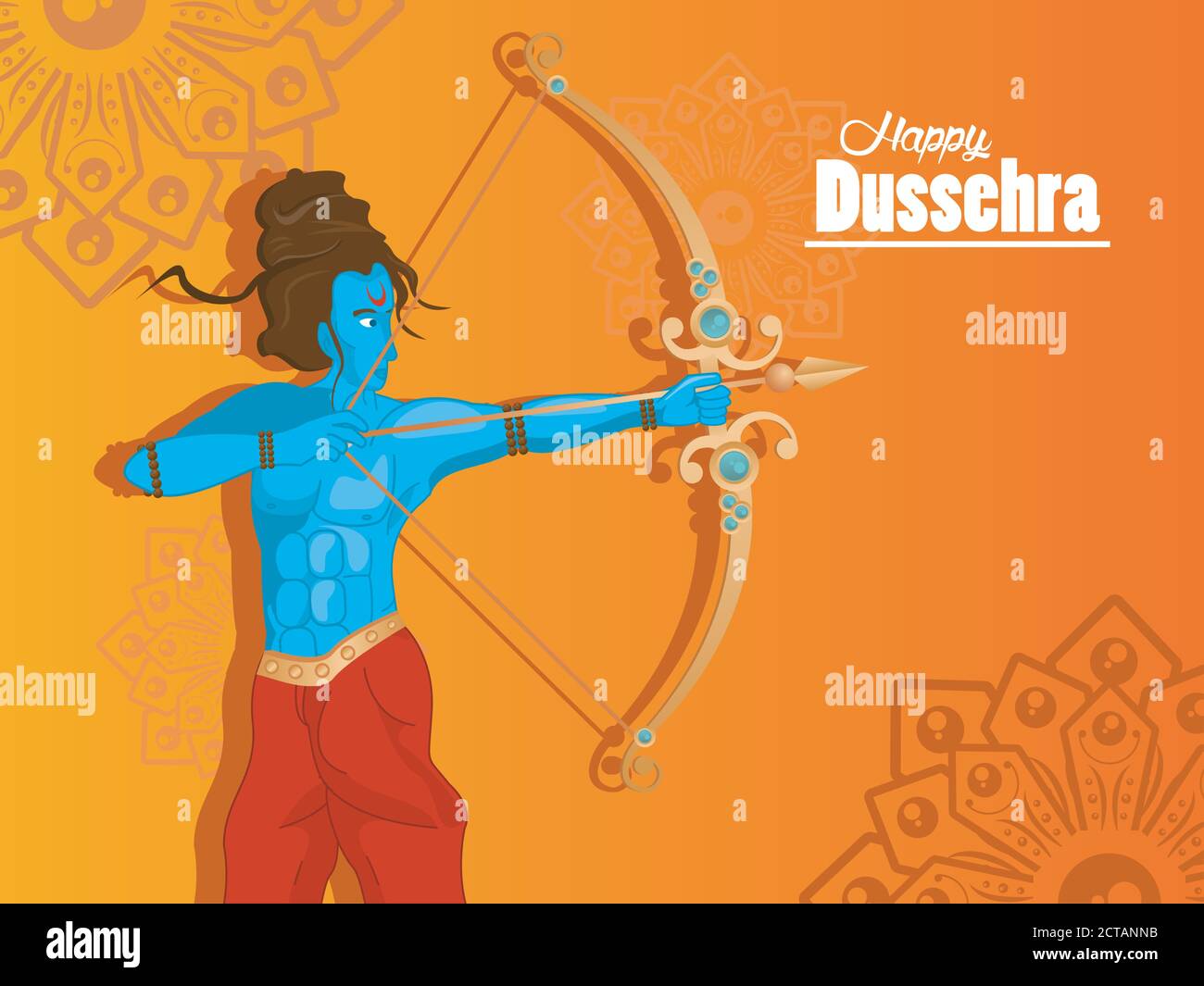 happy dussehra celebration card with blue rama character in orange ...