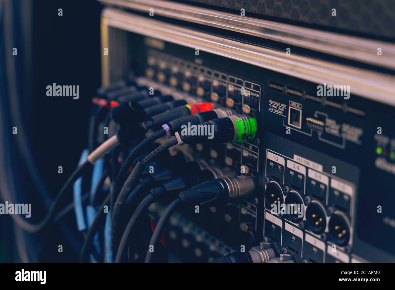 Audio jacks cable plugged into mixer console. XLR audio jacks cable ...