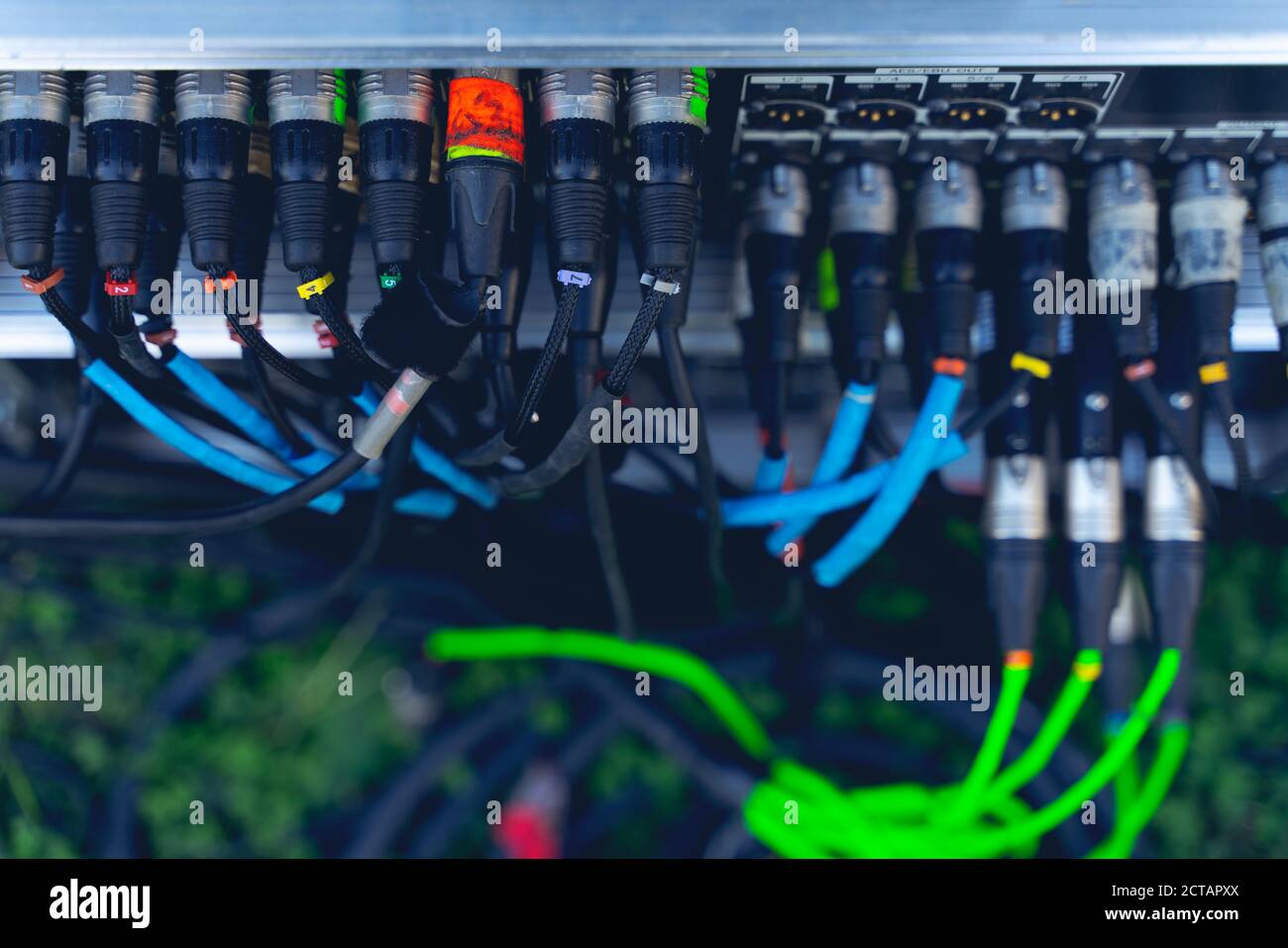 Audio jacks cable plugged into mixer console. XLR audio jacks cable ...