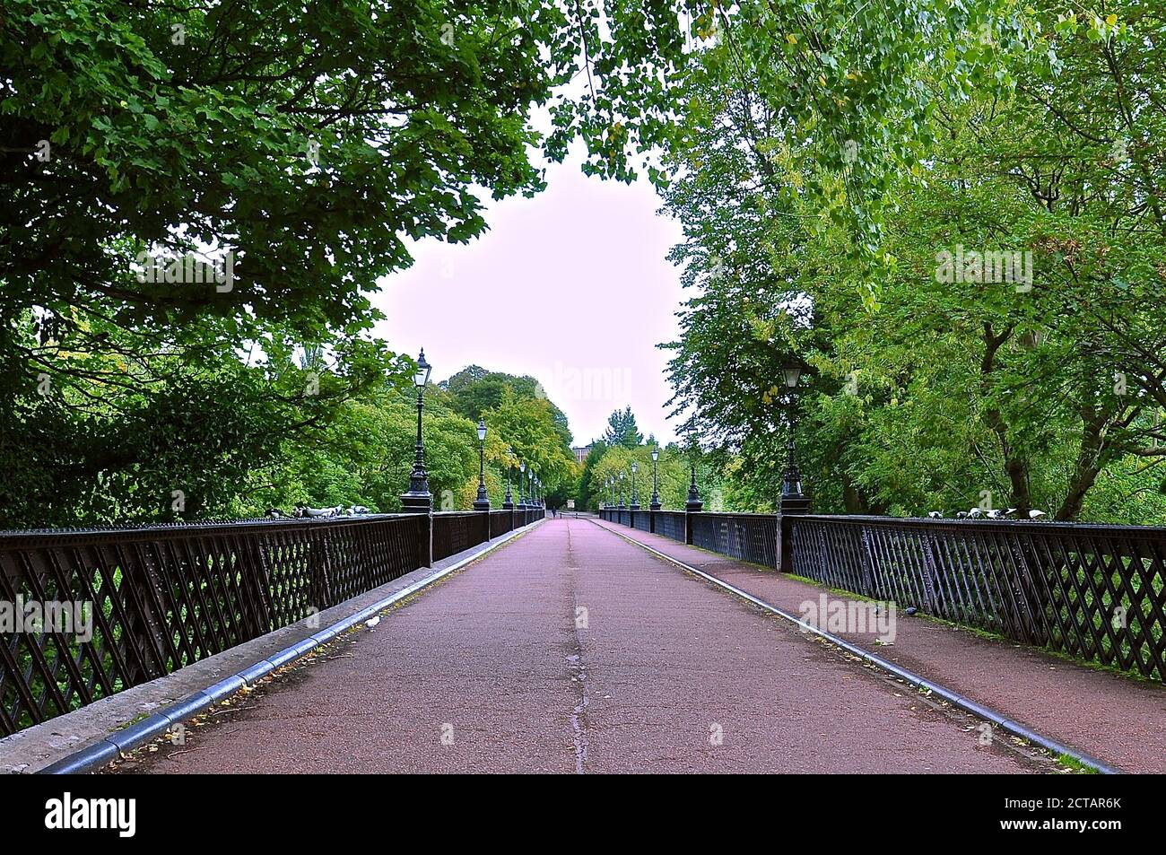 Perspective view of a wide bridge, with cast iron railings and ...