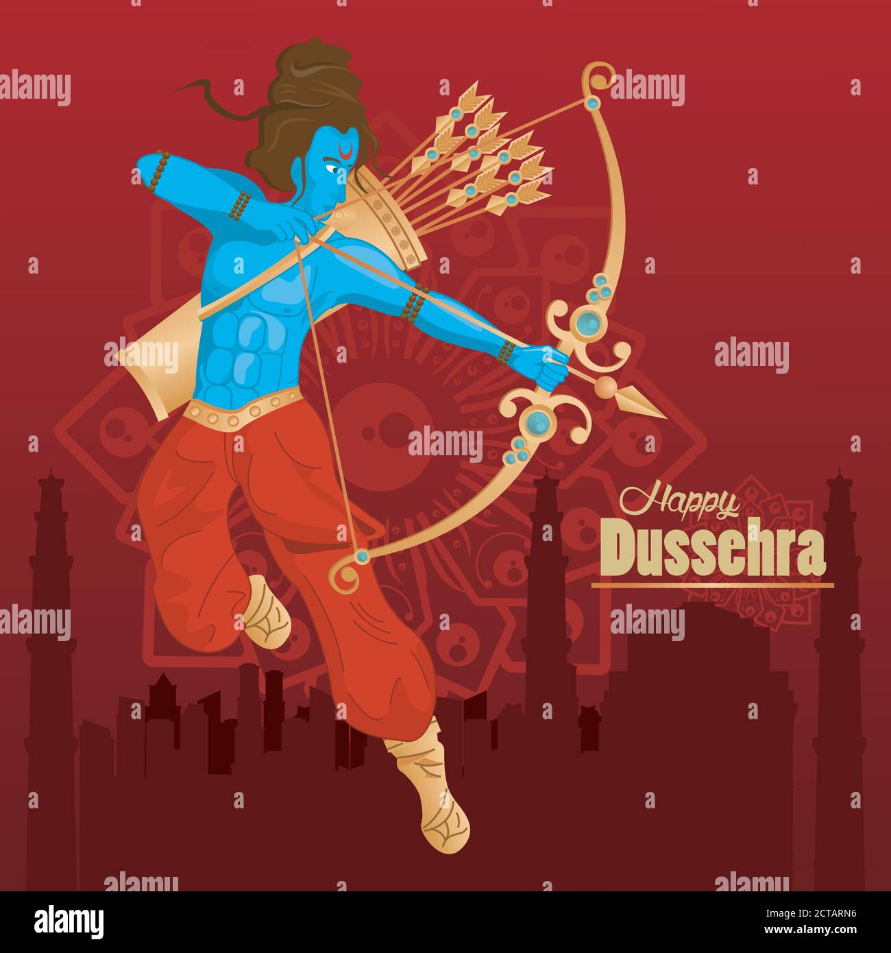 happy dussehra celebration card with blue rama character in red ...
