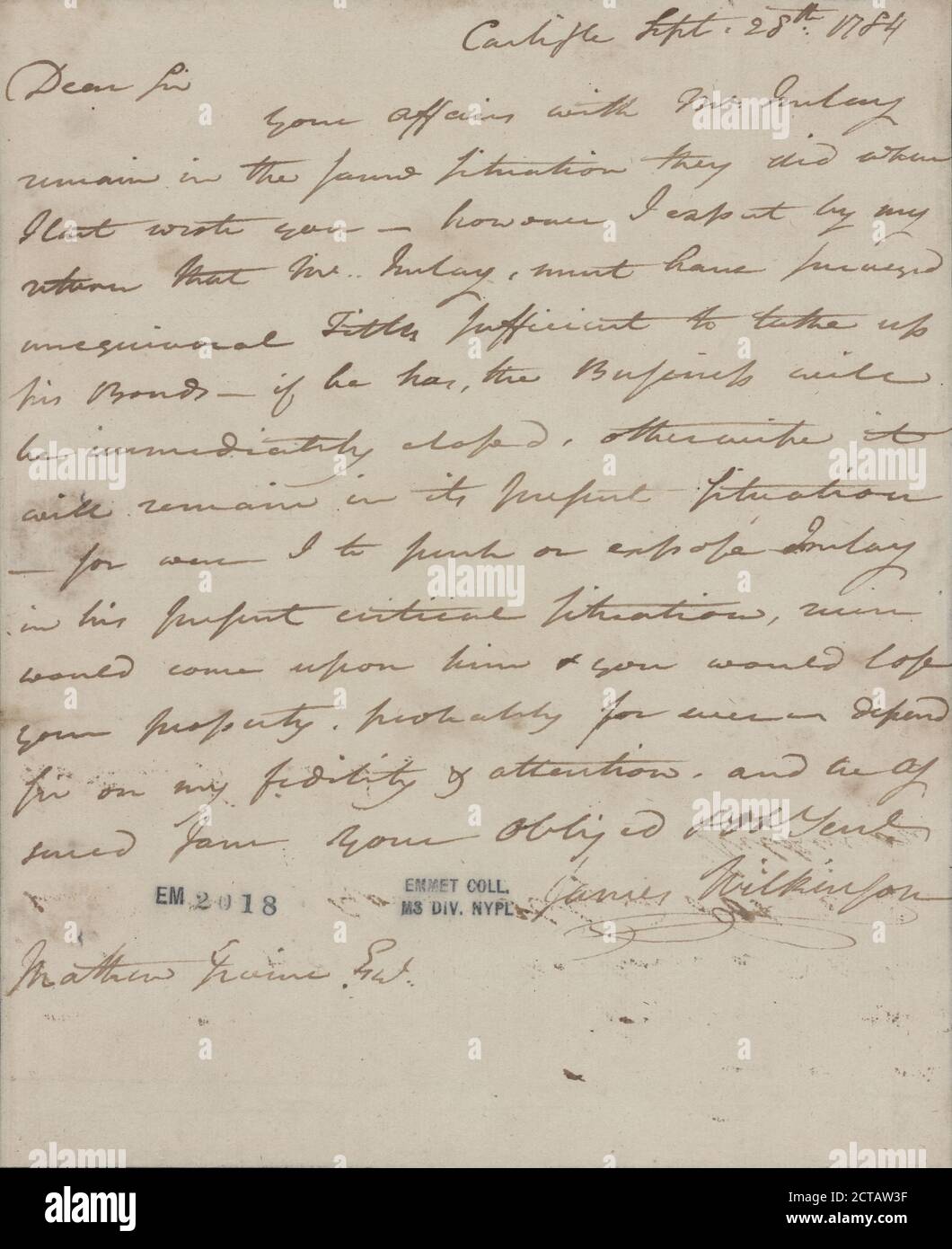Letter to Matthew Irvine, text, Documents, 1784, Wilkinson, James Stock ...