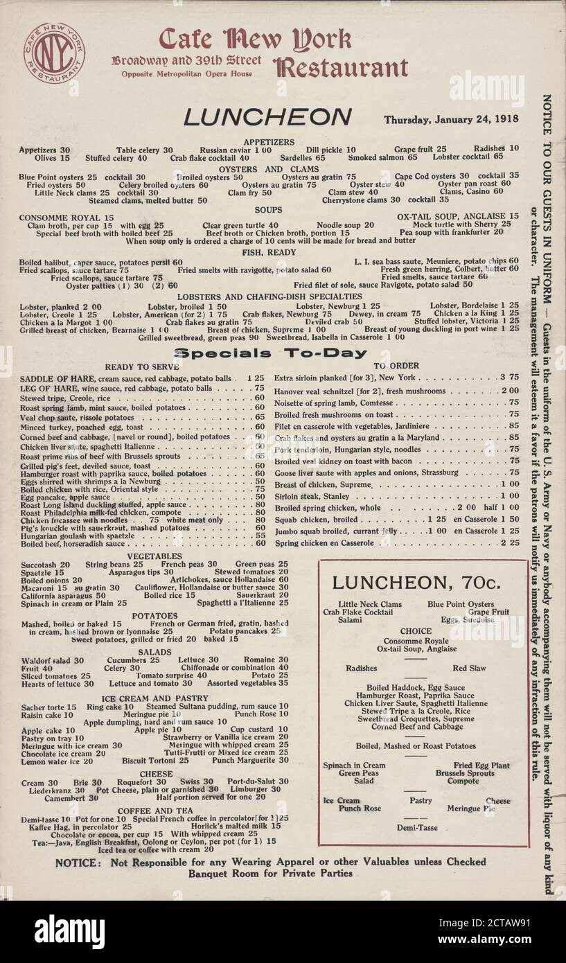 Café New York Restaurant, text, Menus, 1900 Stock Photo - Alamy