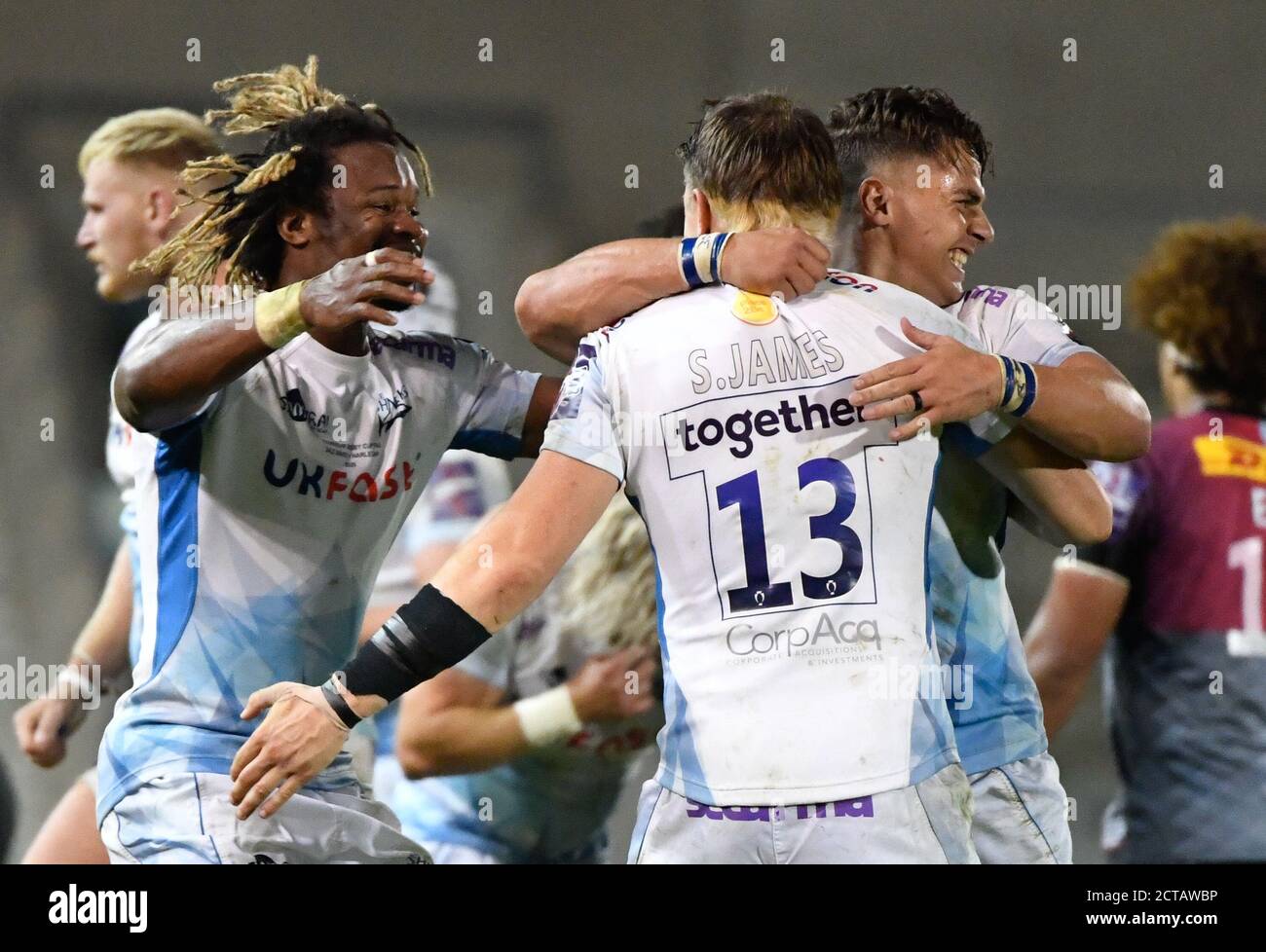 Eccles, UK. 21st Sep, 2020. Sale Sharks wing Marland Yarde celebrate ...