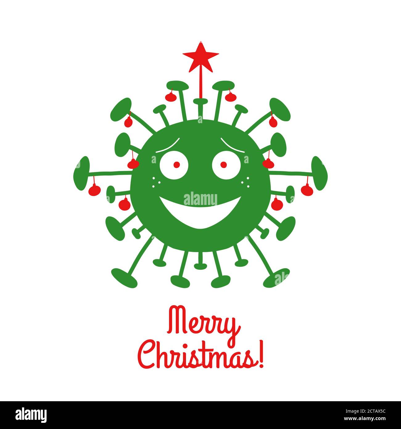 Merry Christmas. Green cartoon coronavirus bacteria with red christmas ...