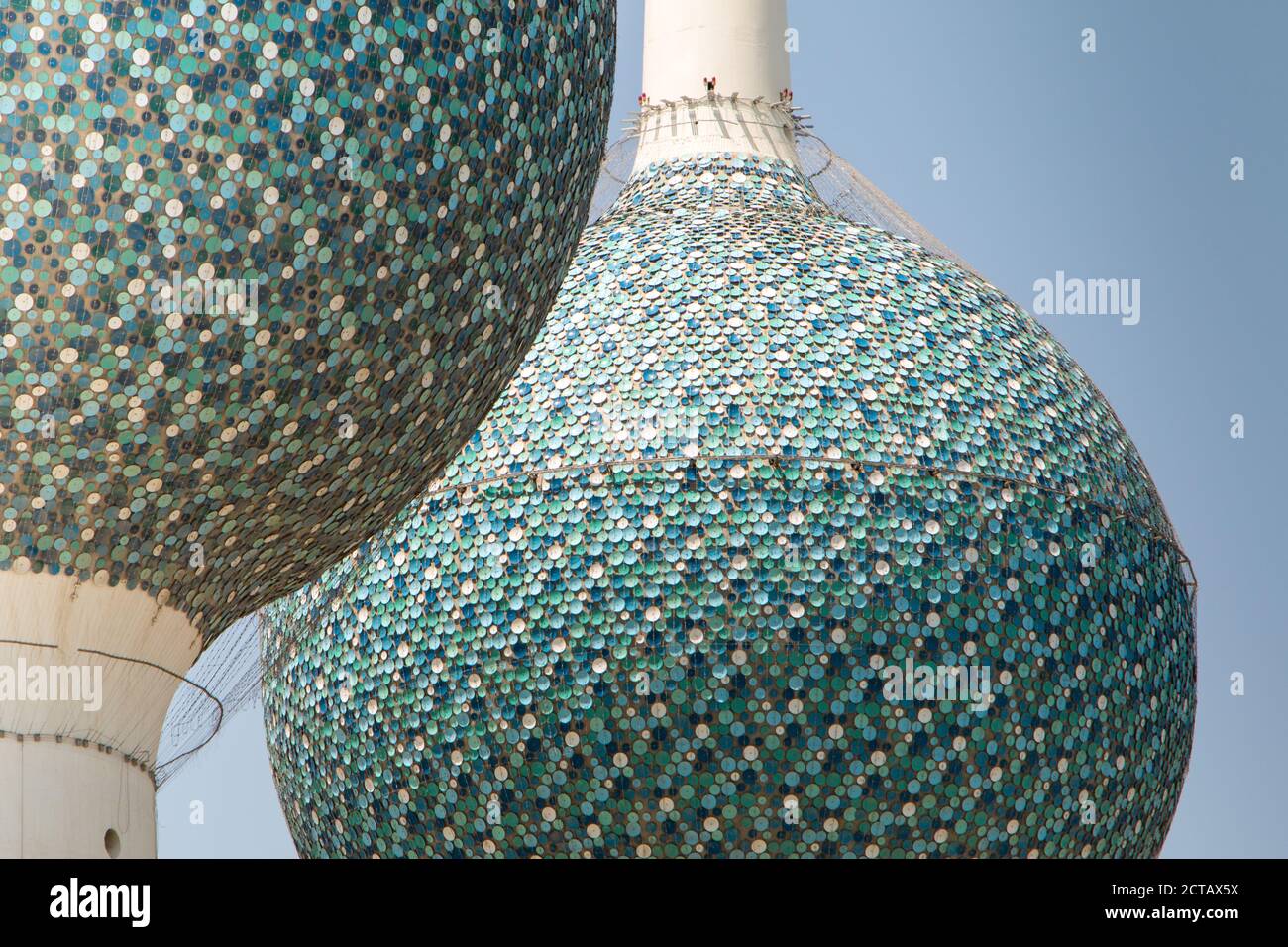 The iconic landmark Kuwait Towers on a close up showing its blue enamel ...