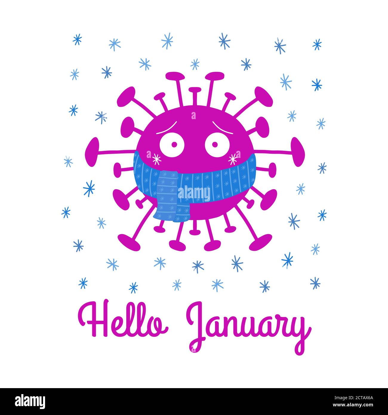 Hello January. Cartoon coronavirus bacteria in blue scarf with ...
