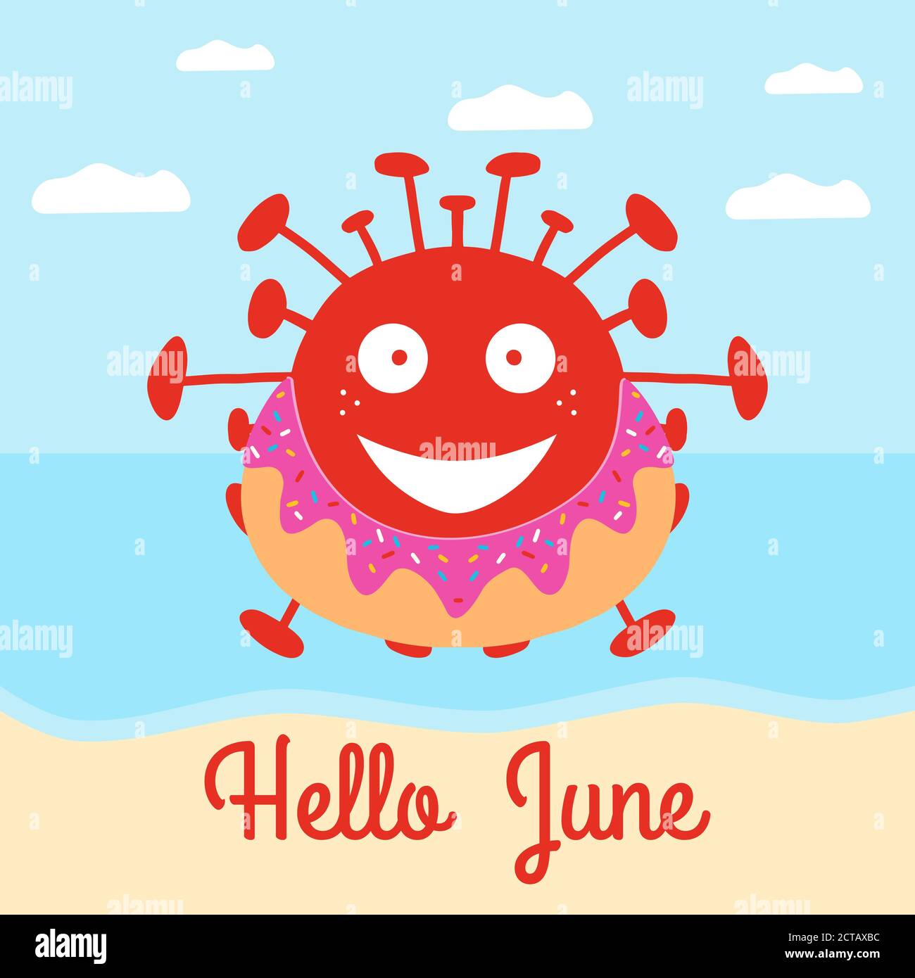 Hello June. Red cartoon coronavirus bacteria in donut swimming circle ...