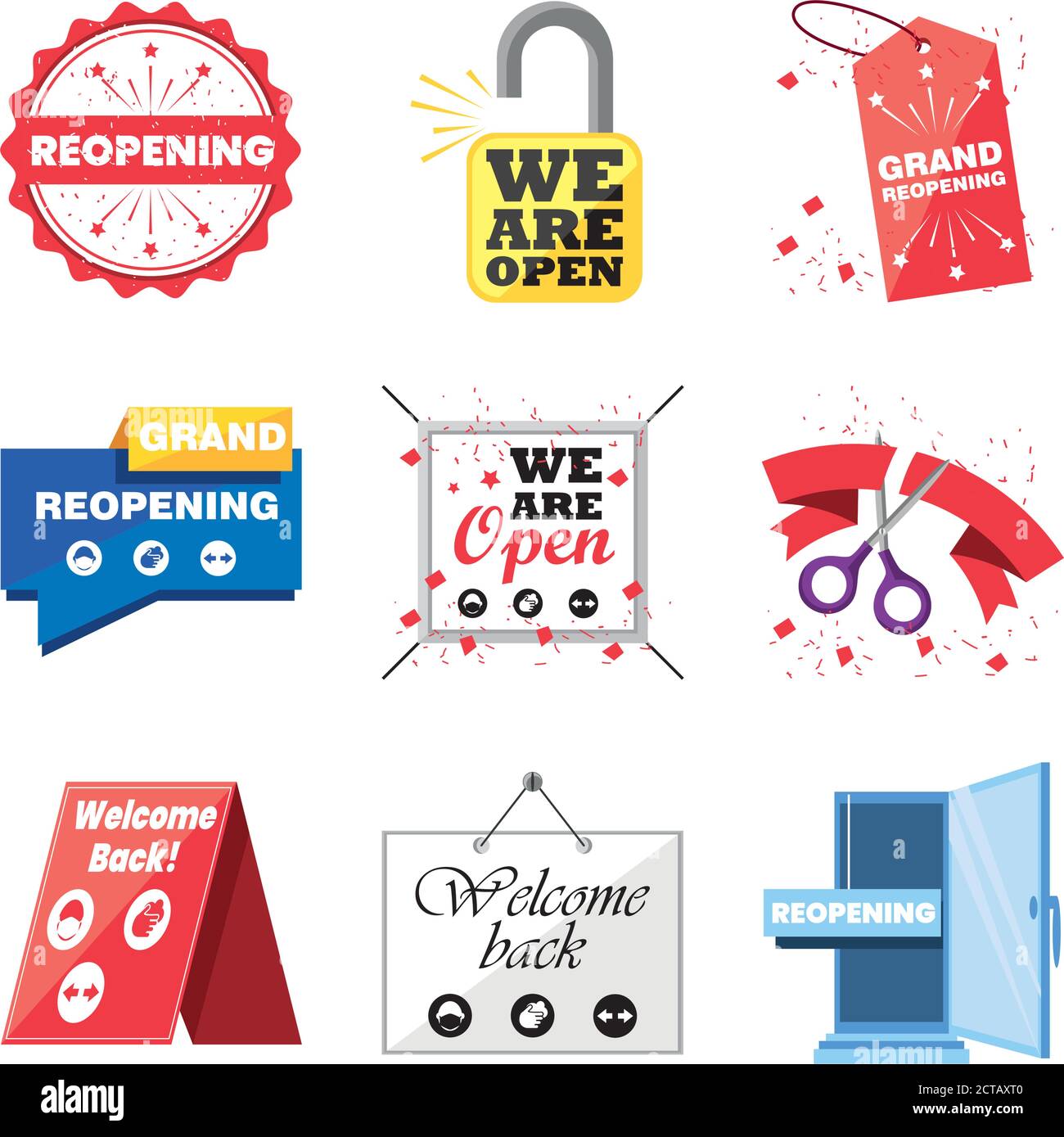 reopening detailed style icon set design of shopping and covid 19 virus ...