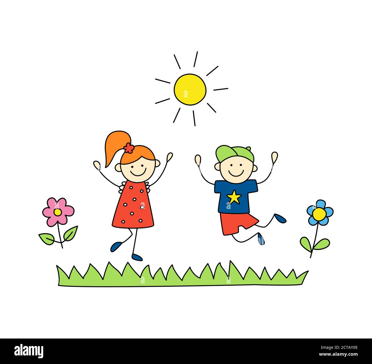 Fun children play outdoors. Cute doodle boy and girl jump Stock Vector ...