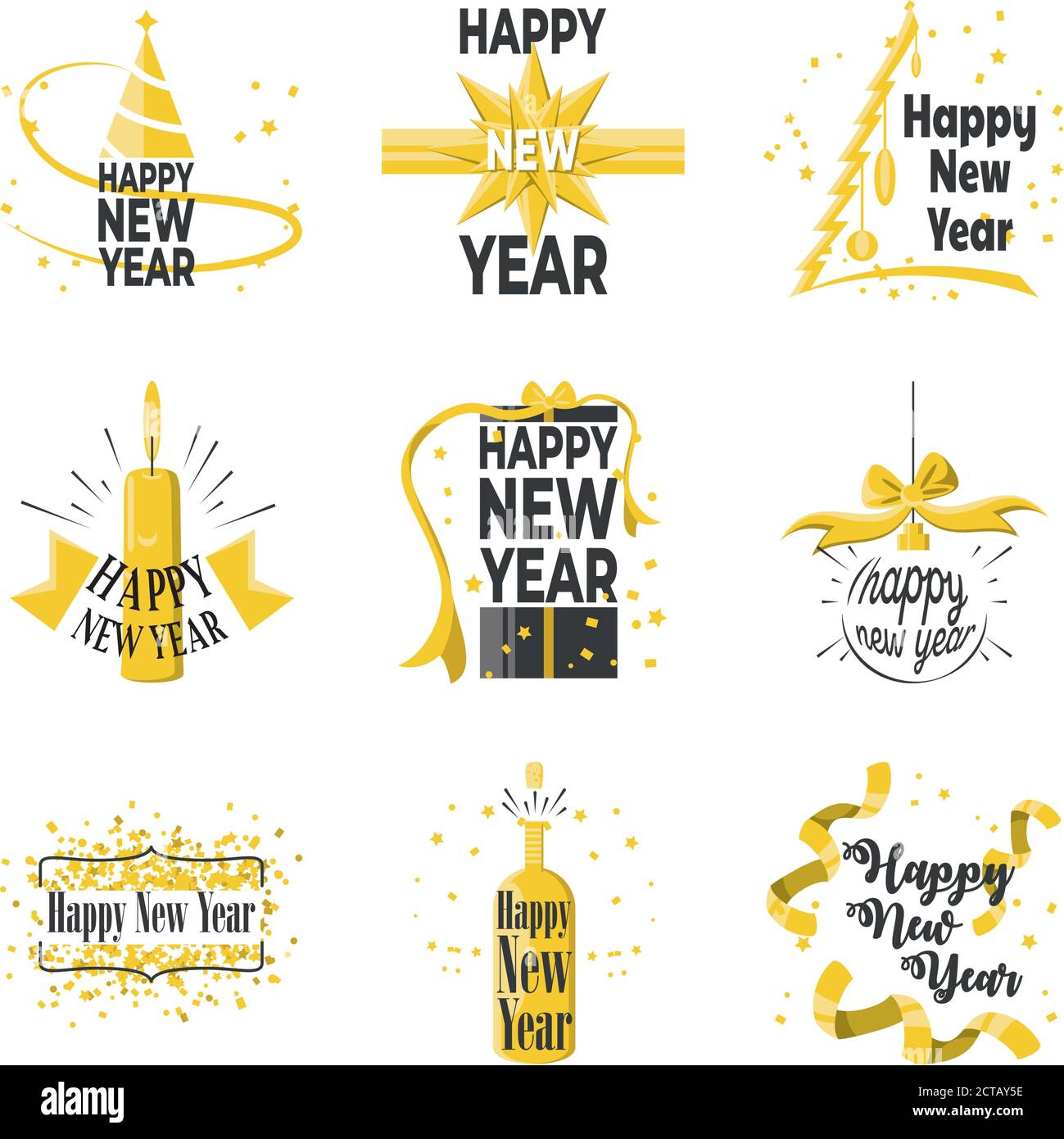 Happy new year detailed style icon set design, Welcome celebrate and ...