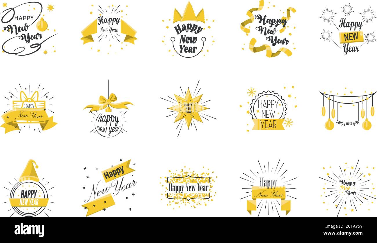 Happy new year detailed style set icons design, Welcome celebrate and ...