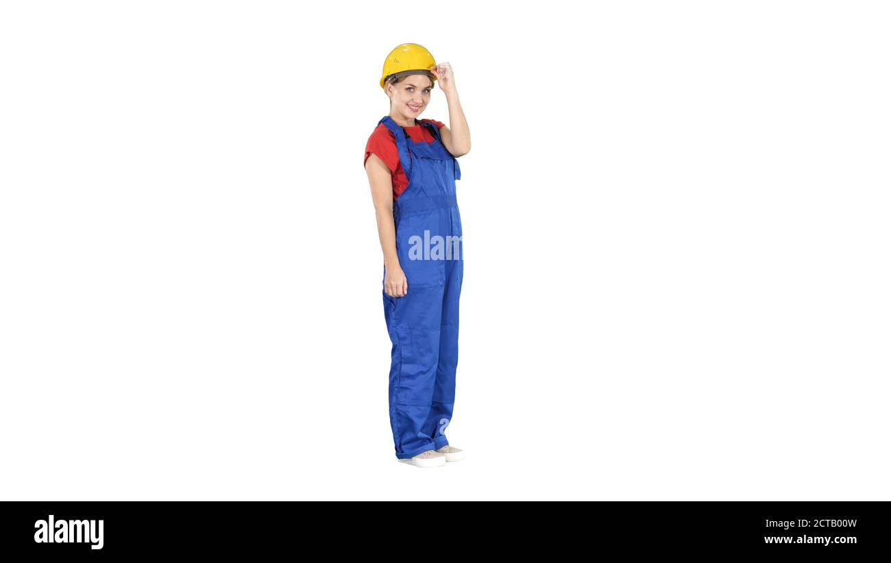 Confident construction worker greet Say hello on white backgroun Stock ...