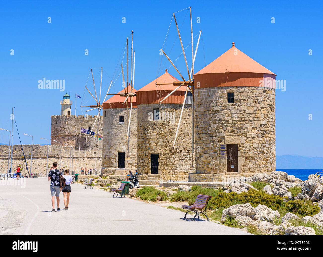 Rhodes Town windmills and the Fort of Saint Nicholas on the island of ...