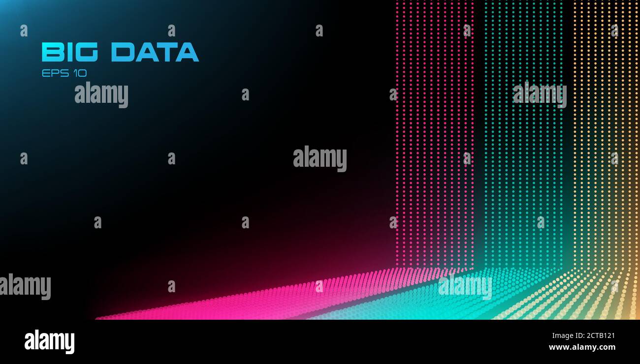 Big Data stream with Depth of Field Effect DoF. Red, green and yellow big data points with copy ...