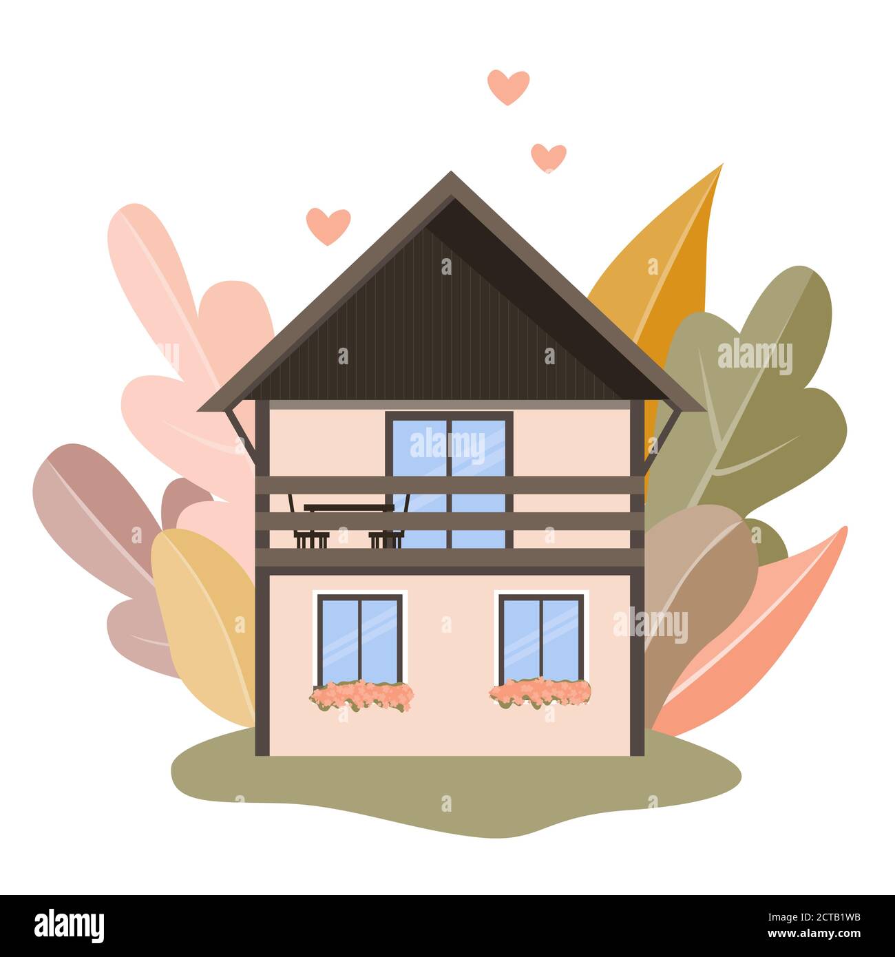 Vector isolated cozy house and autumn forest background. Hygge autumn ...