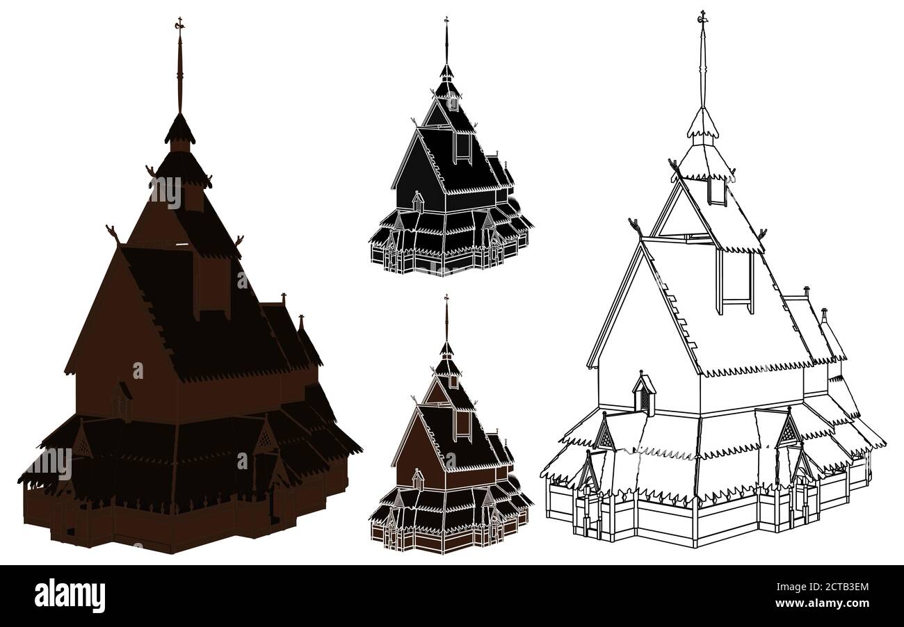 Borgund stave church in perspective view, Norway Stock Vector Image ...