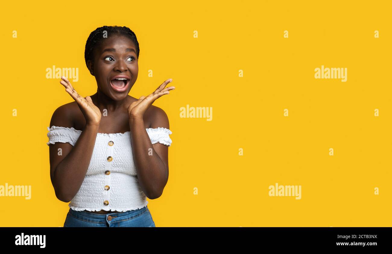 Wow, Great Offer. Emotional Black Woman Exclaiming With Excitement ...