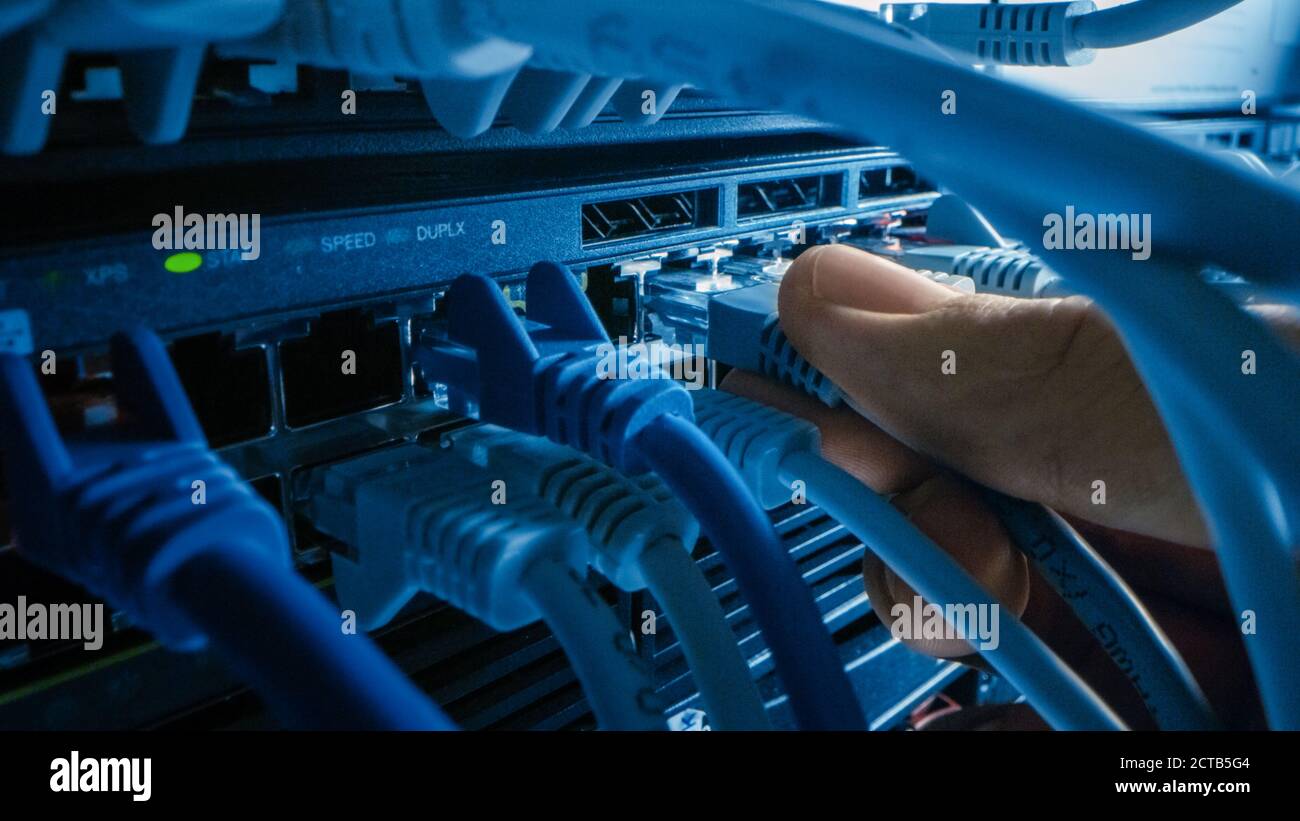 Macro Shot: IT Administrator Plugs in RJ45 Internet Connector into LAN ...