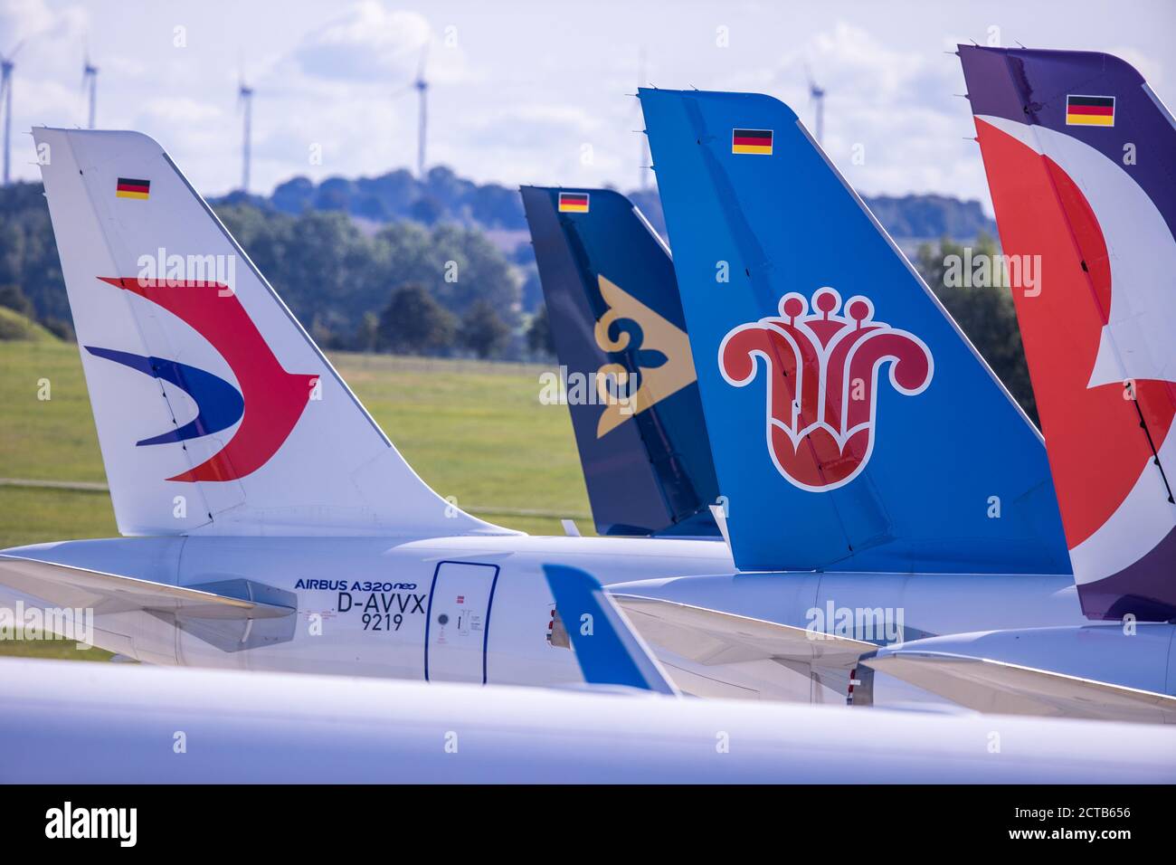 Laage, Germany. 17th Sep, 2020. Tail units of new Airbus aircraft of ...
