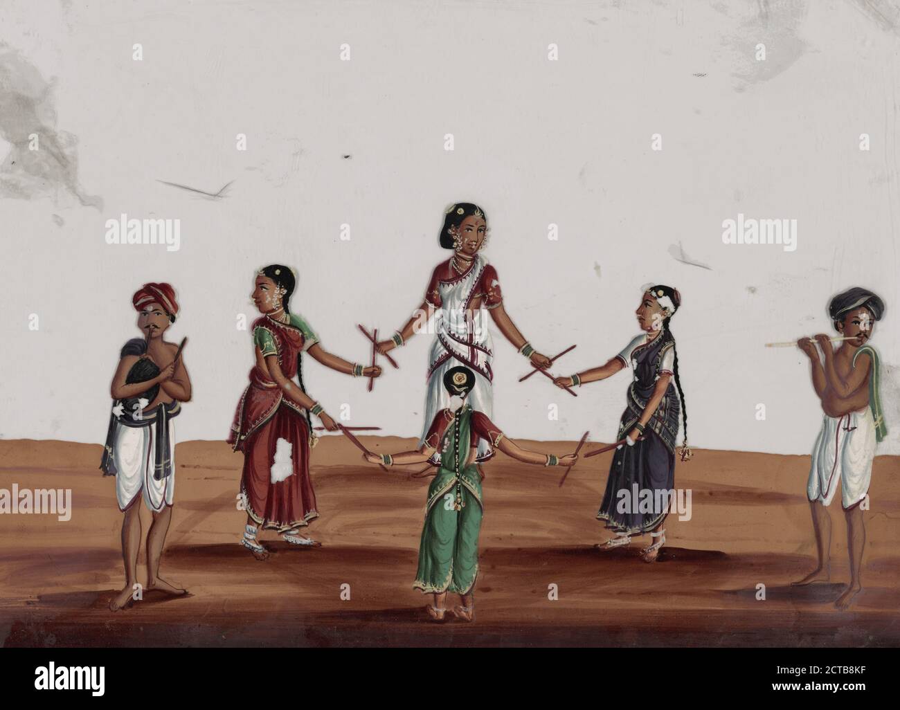 2 male musicians and 4 dancing/playing girls with sticks in circle ...