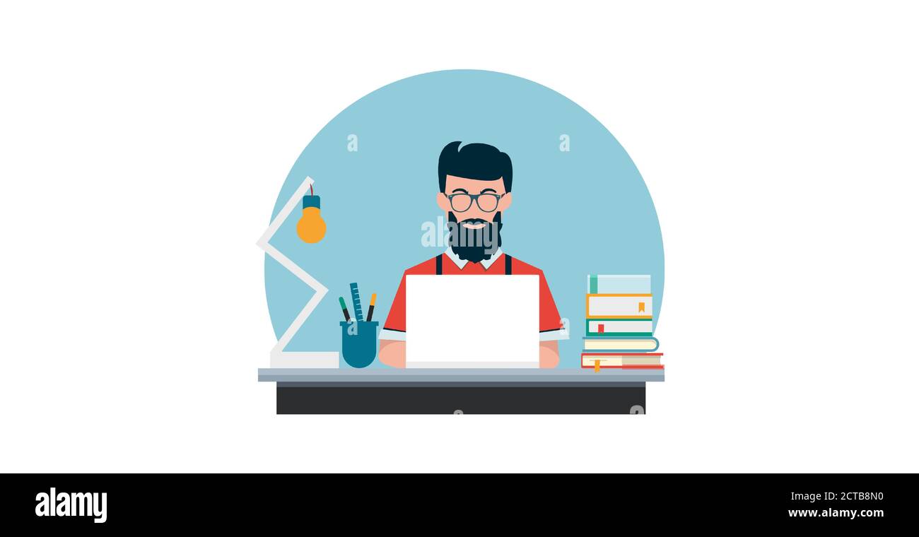 Vector of a young man working studying on laptop computer from home ...