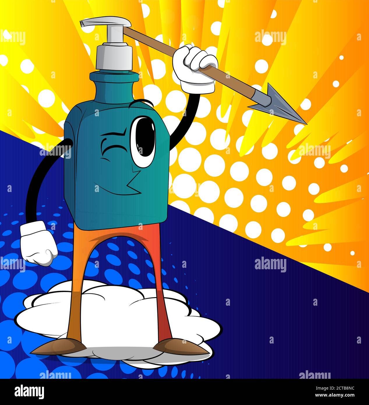 Cartoon bottle of hand sanitizer gel for hygiene with face holding ...