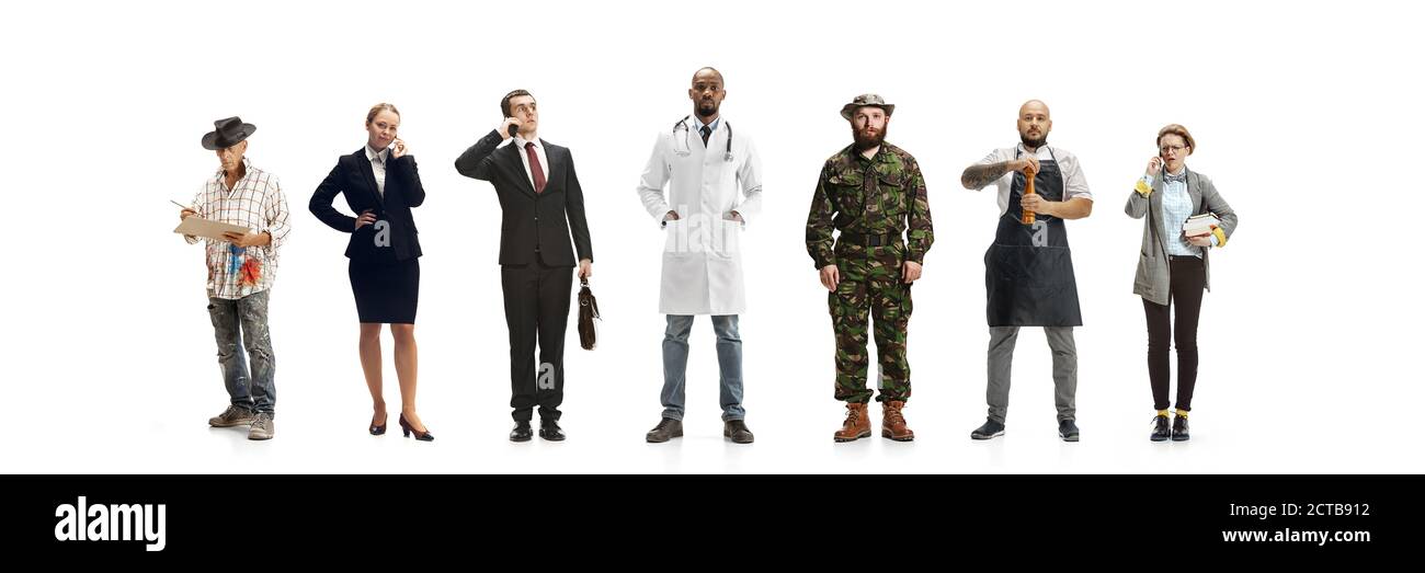 Group of people with different professions isolated on white studio ...