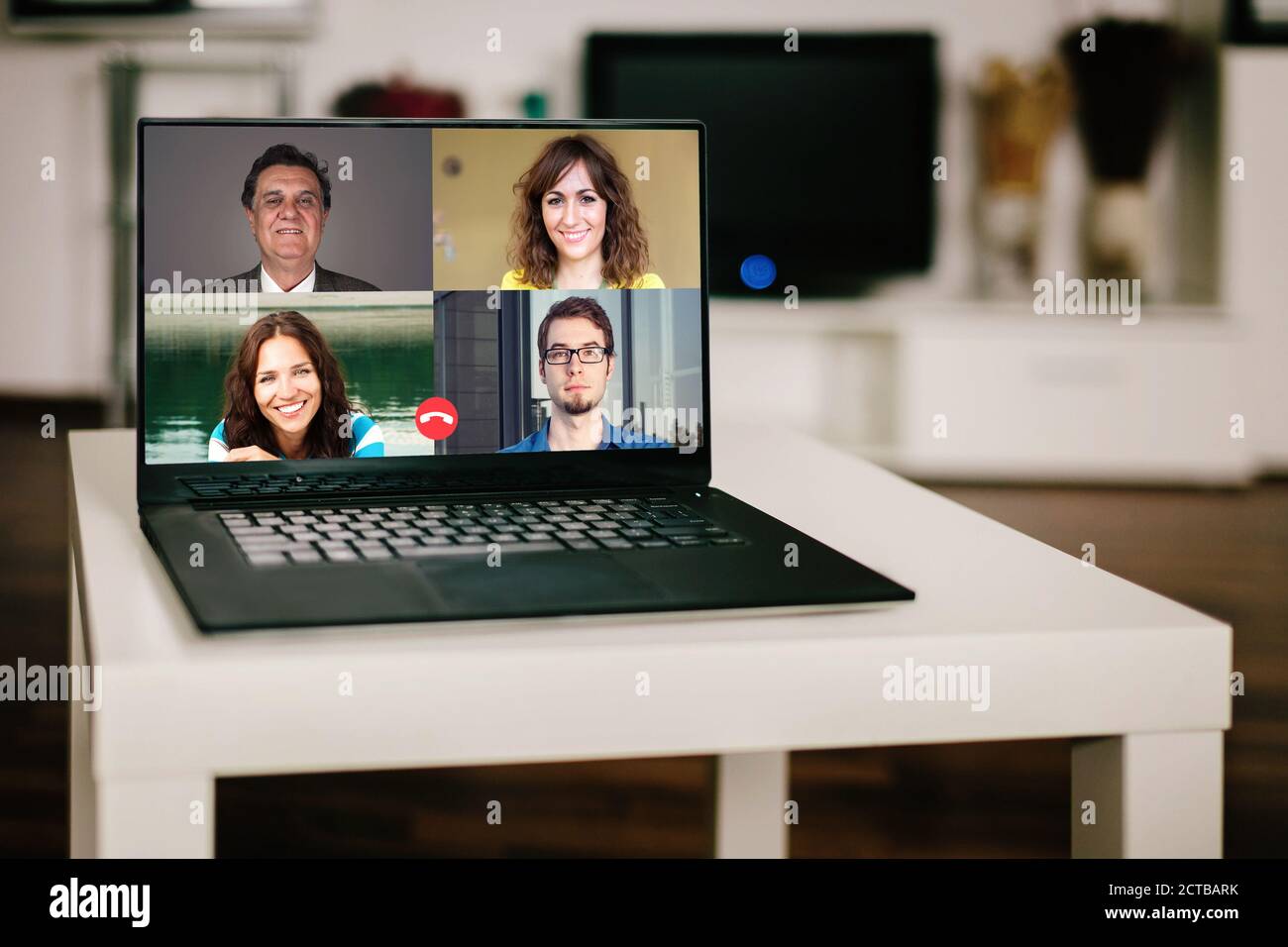 Laptop screen, person talking to their colleagues about plan in video ...