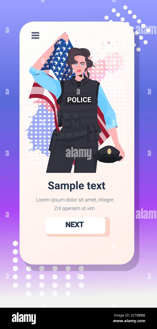 policewoman in uniform holding USA flag happy labor day celebration ...