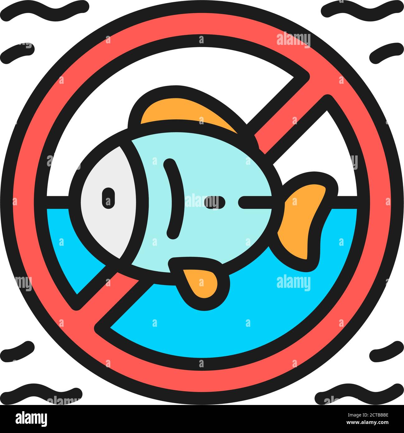 Forbidden sign with fish, seafood allergy flat color line icon Stock ...