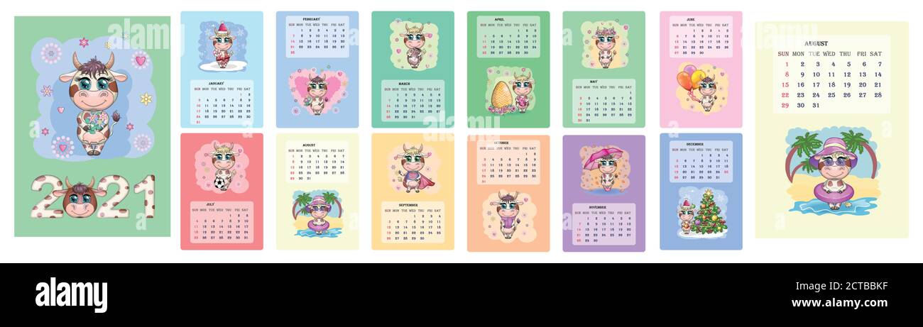 Calendar 2021. Cute bull and cow for every month Stock Vector Image ...