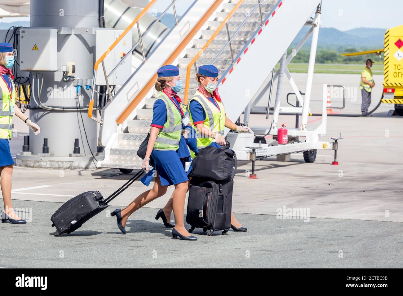 Russia, Vladivostok, 08/17/2020. Crew of airplane in official uniform ...