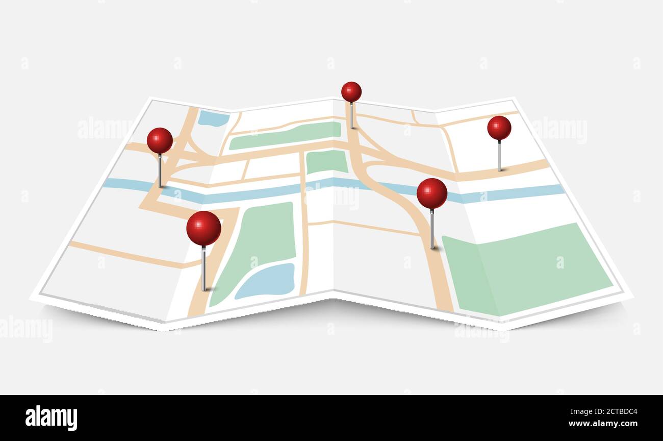 Folded paper city map with red pin pointer, vector illustration Stock ...