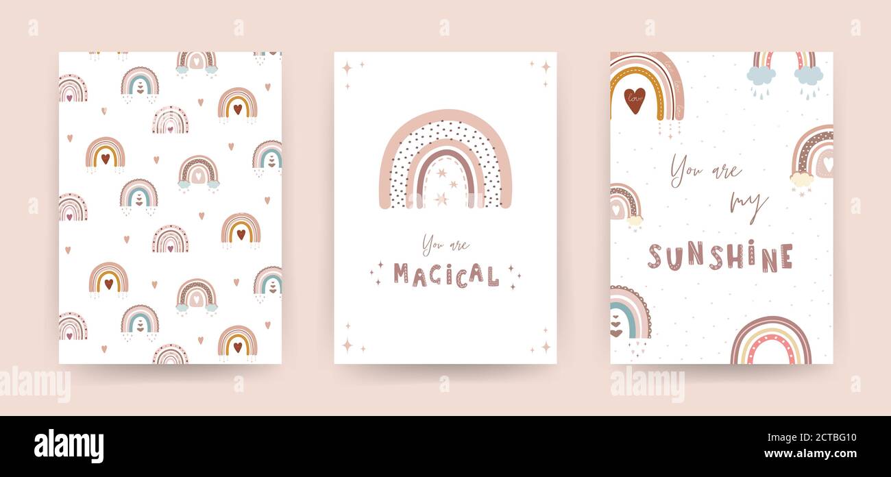 Trendy rainbows in boho style in pastel color. Set of different posters ...