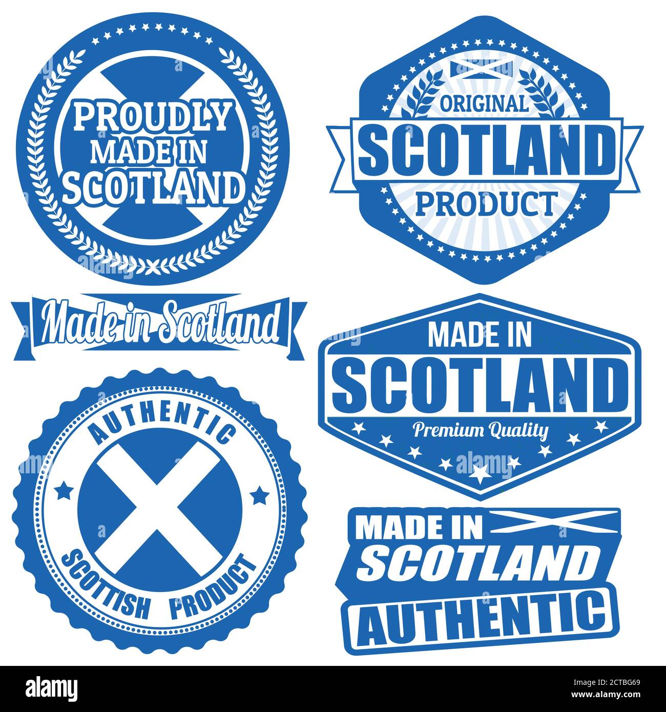 Set of stamps and labels with the text made in Scotland written inside ...