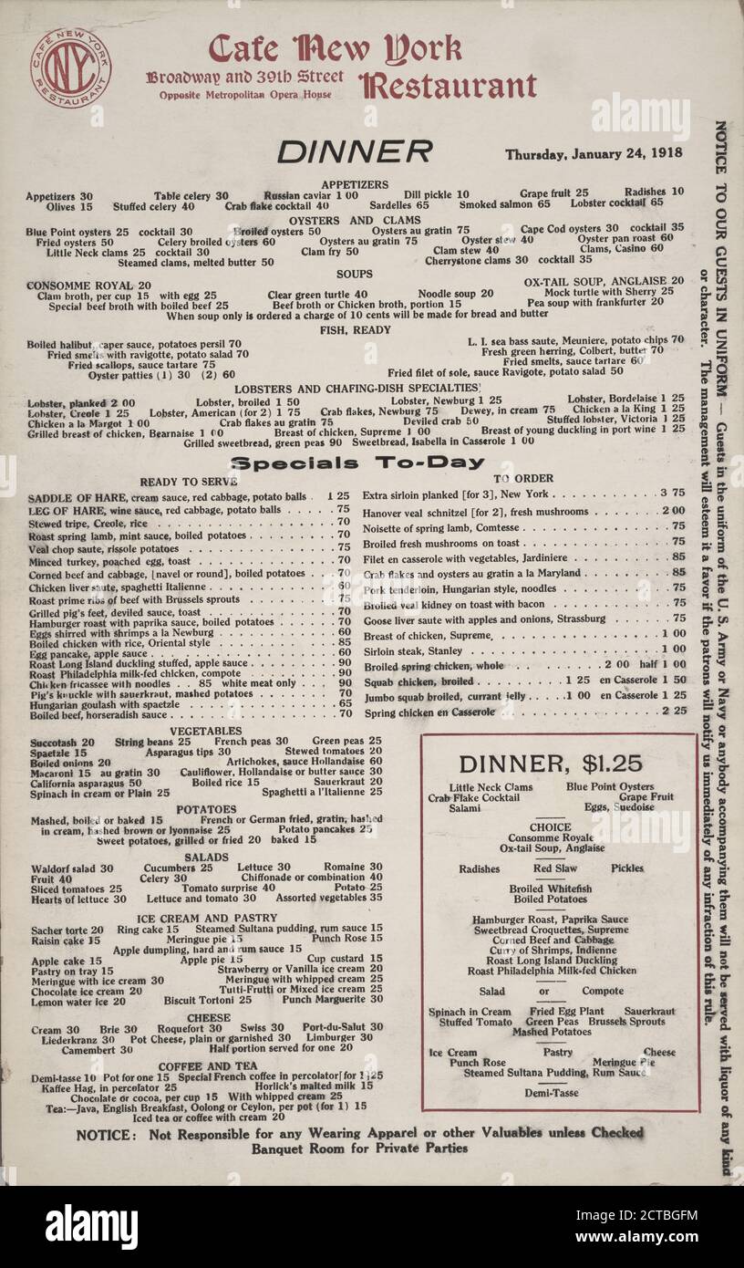 Café New York Restaurant, text, Menus, 1900 Stock Photo - Alamy